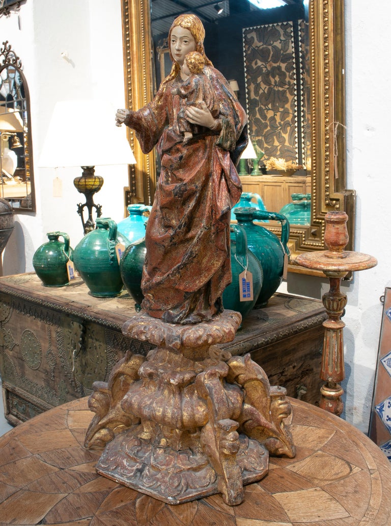 16th Century Spanish Religious Painted Wooden Sculpture of Woman with ...