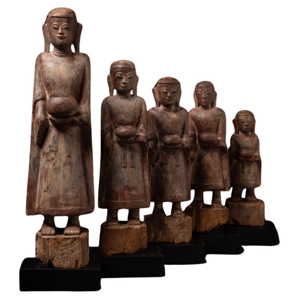 16th century Special set of 5 antique wooden Monk statues from Burma ...