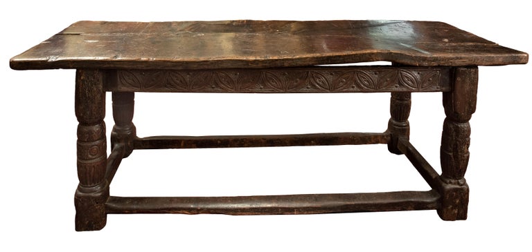 16th Century Tudor Carved Oak Refectory Table with Plank Top and Carved ...