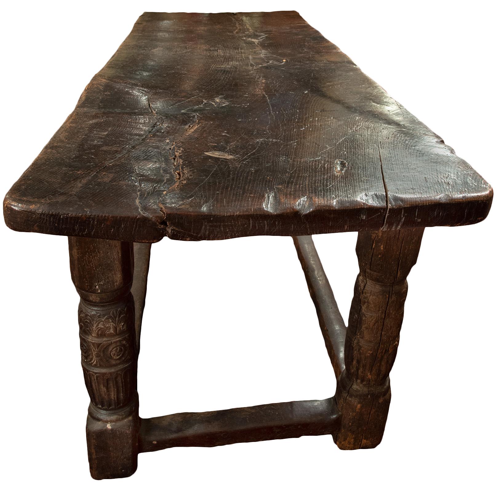 16th Century Tudor Carved Oak Refectory Table with Plank Top and Carved ...