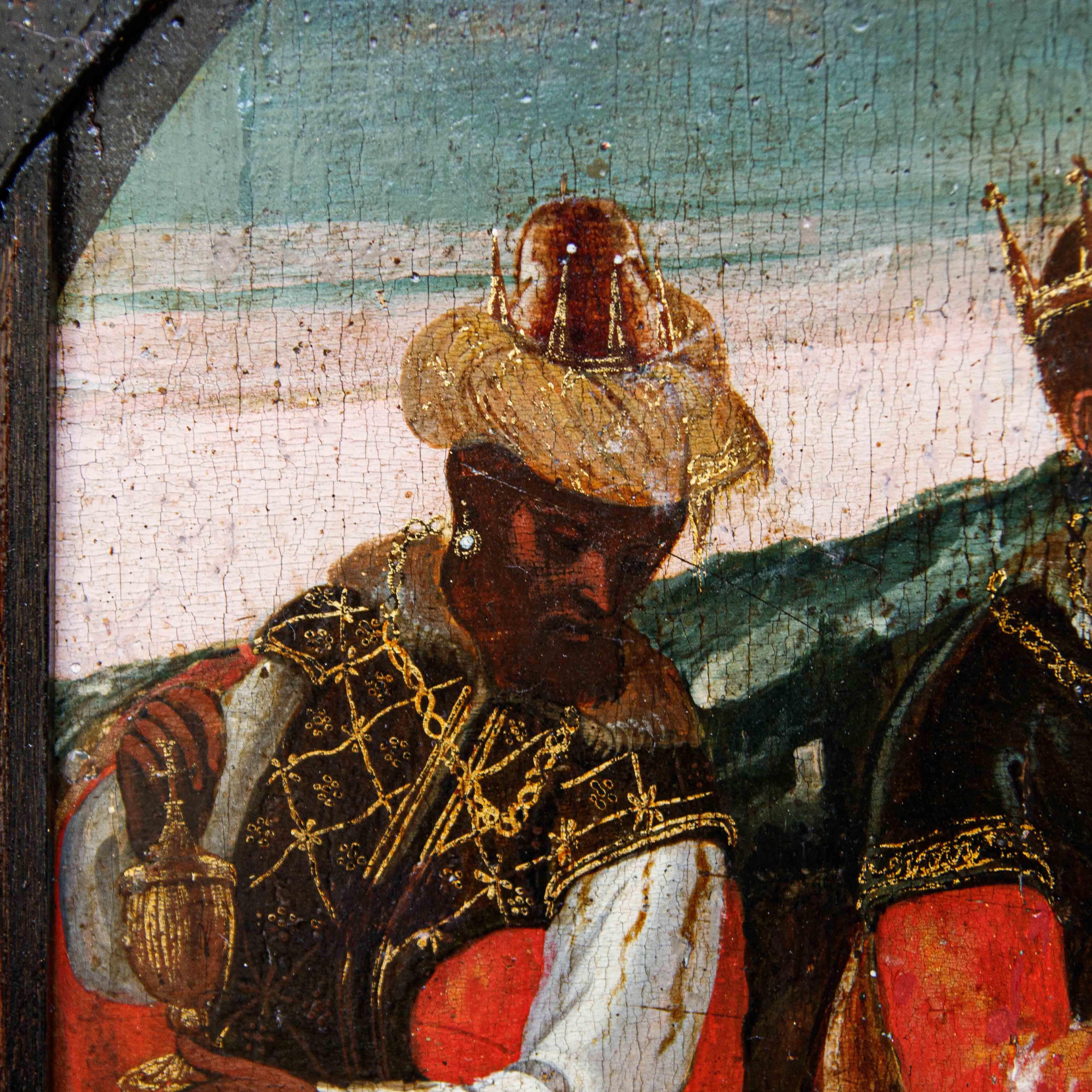16th century tempera painting on panel depicting Adoration of the Magi ...