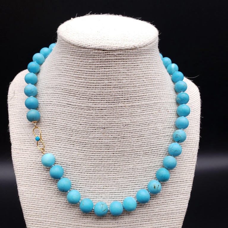 17" Sleeping Beauty Turquoise Bead Necklace, 18 Karat Yellow Gold For ...