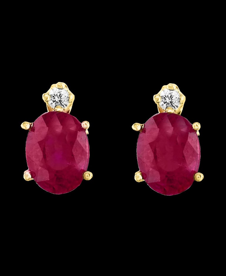 1.70 Carat Oval Natural Ruby and Diamond Stud Post Earrings 14 Karat ...