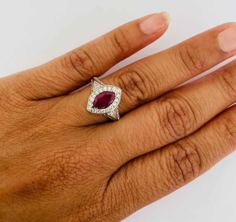 1.71 Carat Marquise Cut Ruby Diamond 18 Karat White Gold Bridal Ring ...