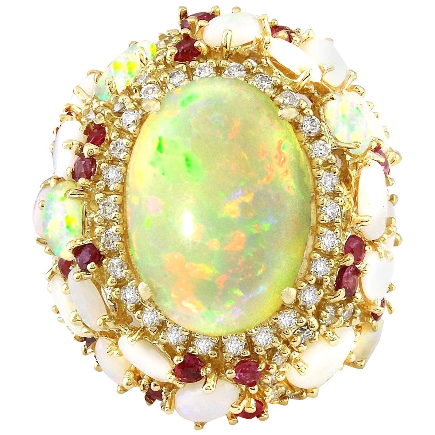 17.40 Carat Natural Ethiopian Opal, Ruby and Diamond 14 Karat Solid ...