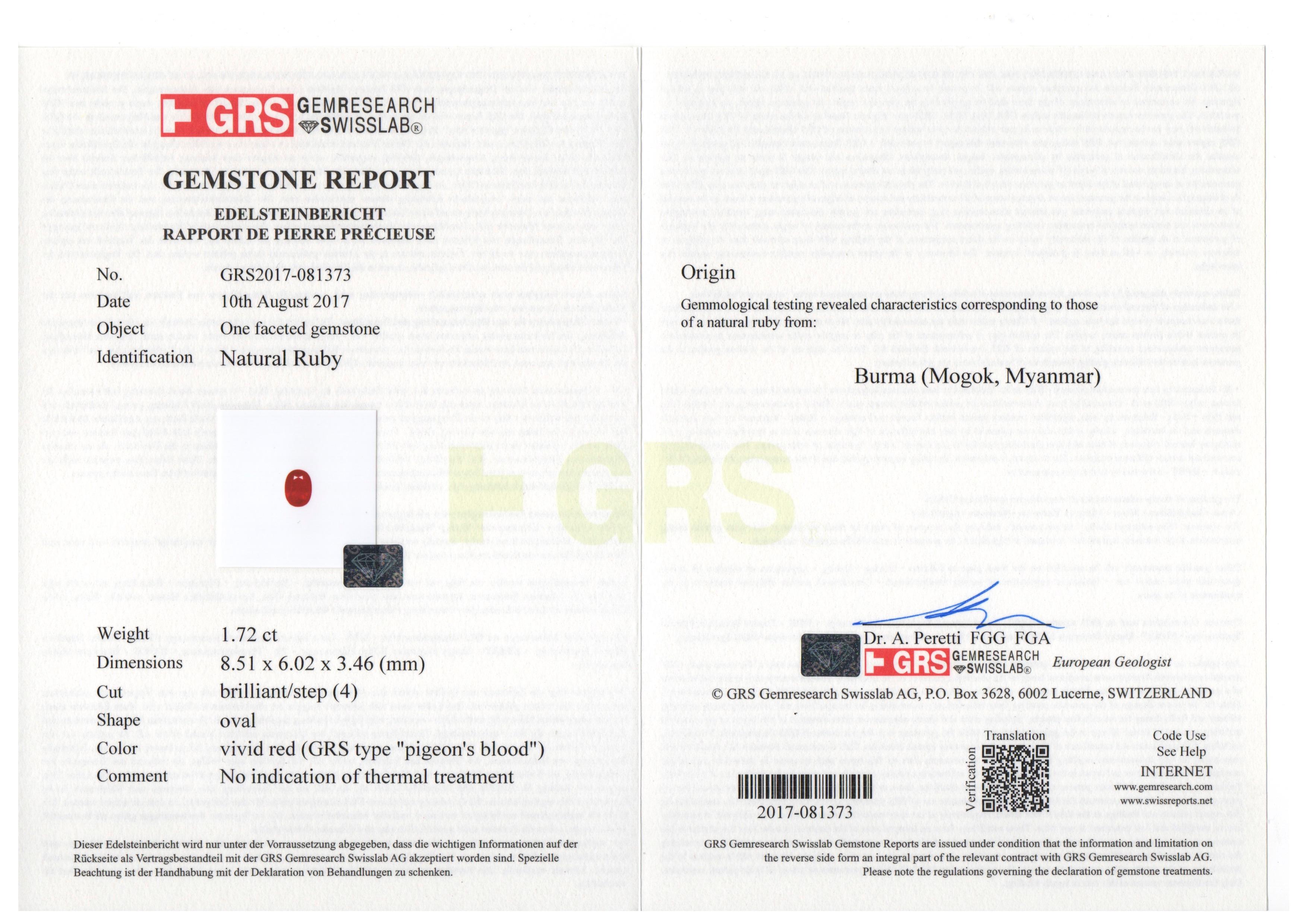 1.72 Carat Oval Natural Burmese Mogok "Pigeon's Blood" GRS Certified ...