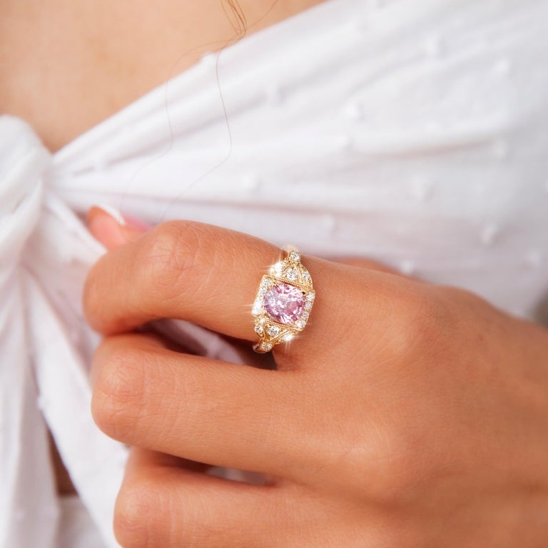 1.72 Carat Pink Spinel and Diamond 18 Carat Gold Milgrain Cluster Ring ...