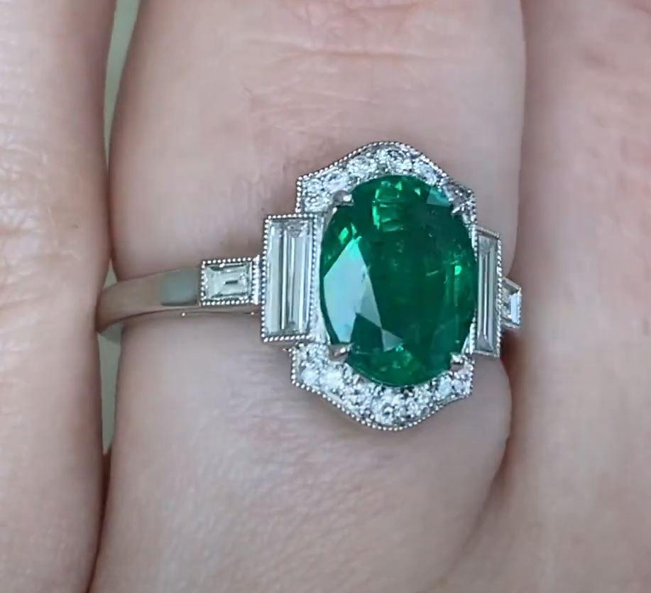 1.72ct Oval Cut Natural Emerald Engagement Ring, Diamond Halo, Platinum For Sale at 1stDibs