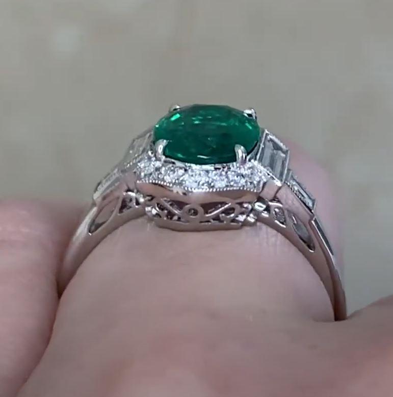 1.72ct Oval Cut Natural Emerald Engagement Ring, Diamond Halo, Platinum For Sale at 1stDibs