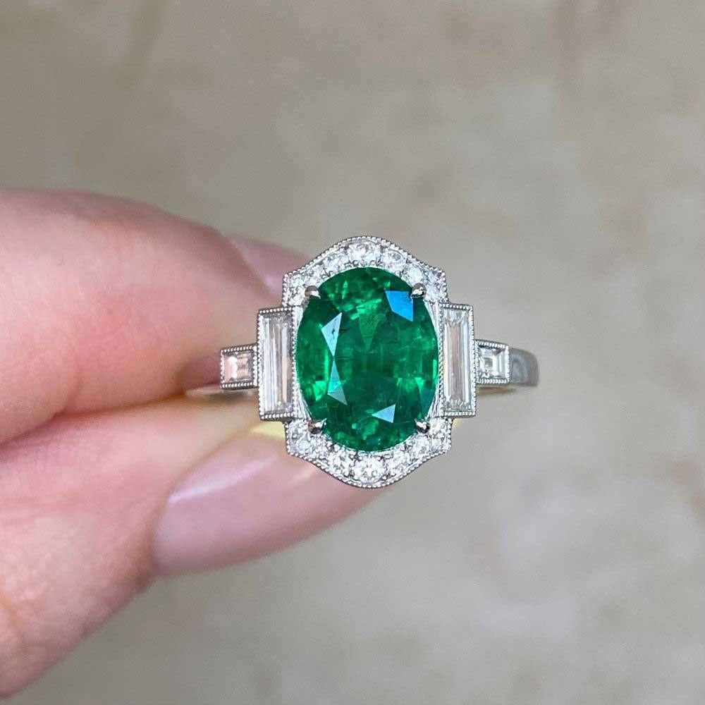 1.72ct Oval Cut Natural Emerald Engagement Ring, Diamond Halo, Platinum For Sale at 1stDibs