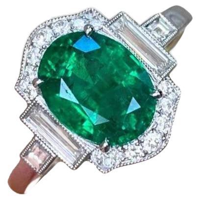 1.72ct Oval Cut Natural Emerald Engagement Ring, Diamond Halo, Platinum For Sale at 1stDibs