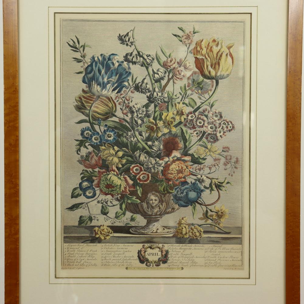 1730 Robert Furber - April Floral Calendar Hand Colored Etching By H ...