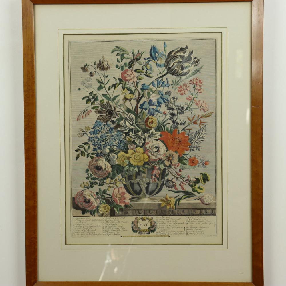 1730 Robert Furber May Floral Calendar Hand Colored Etching by H ...