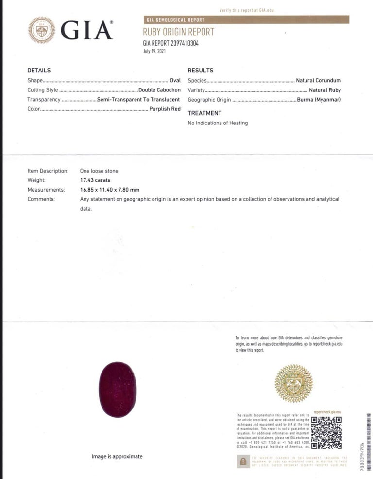 17.43 Ct Cabochon Burma No Heat Ruby GIA Ring For Sale at 1stDibs