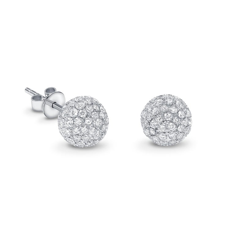 1.75 Carat Round Pave Set Diamond 18 KT White Gold Ball Stud Earrings ...