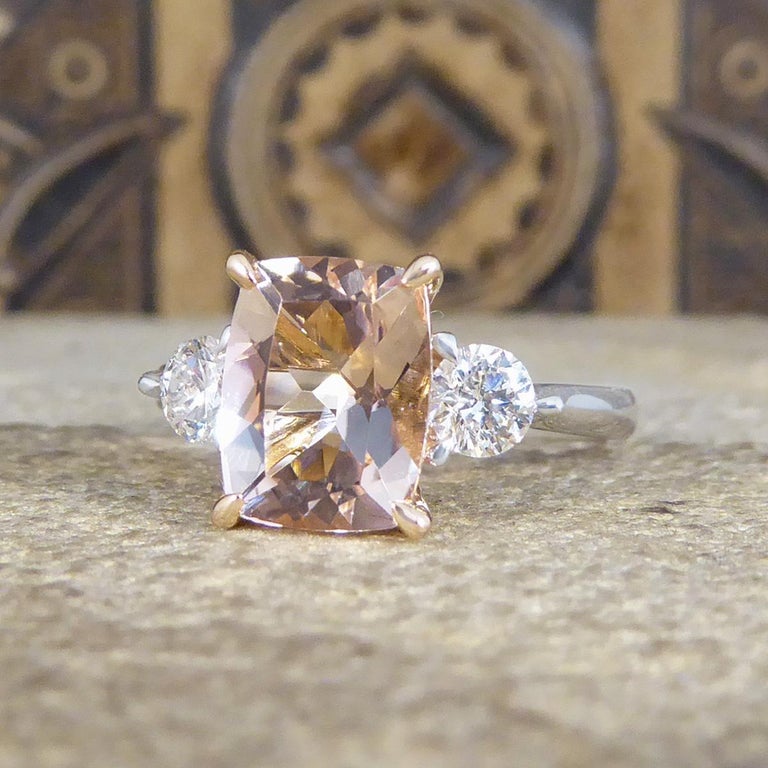 1.75ct Cushion Cut Morganite Diamond Three Stone Ring in 18ct Rose and ...
