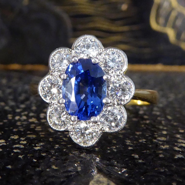 1.75ct Sapphire and 0.85ct Total Diamond Cluster Ring in 18ct Gold For ...