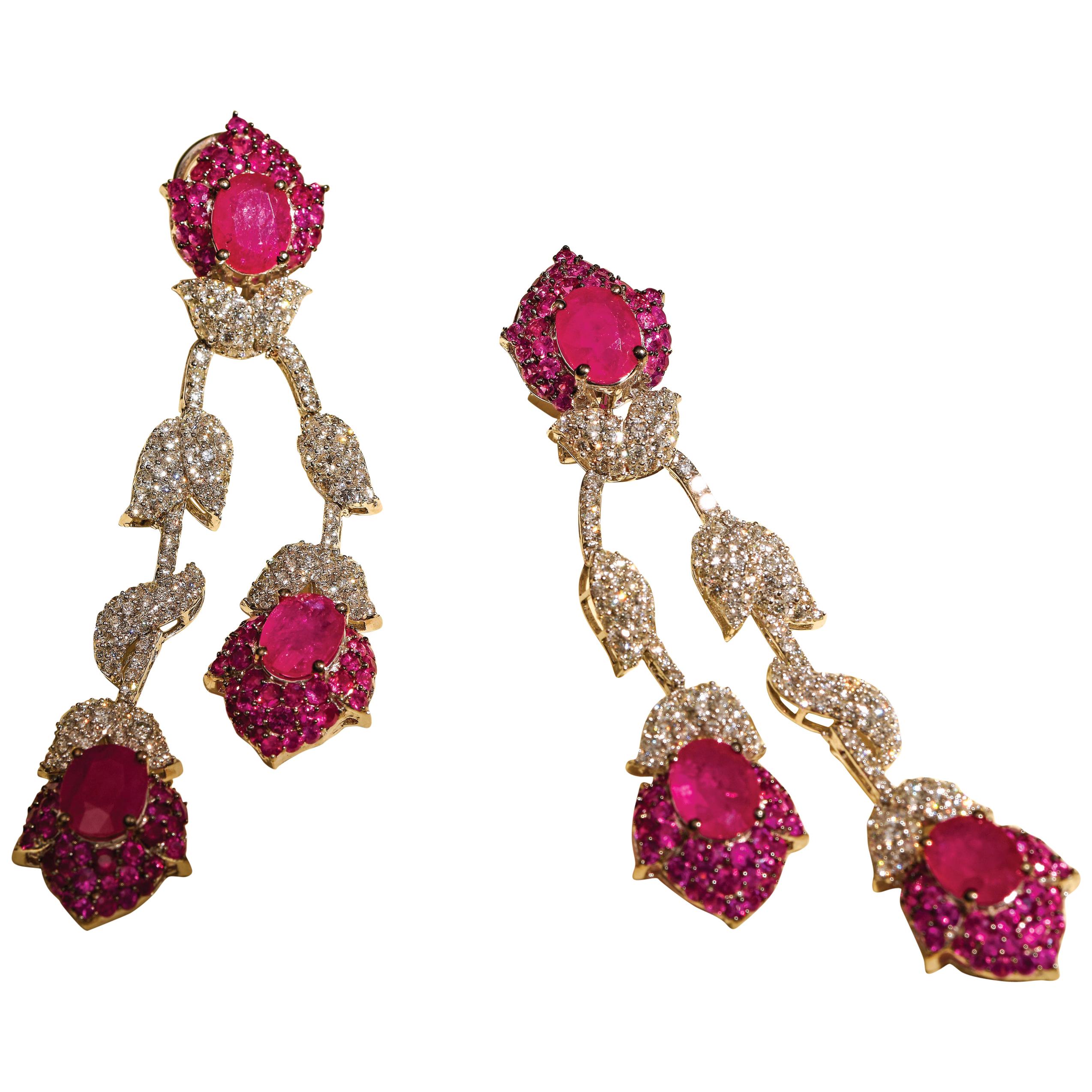 Pave-Set Ruby and Diamond Feather Dangle Earrings For Sale at 1stdibs