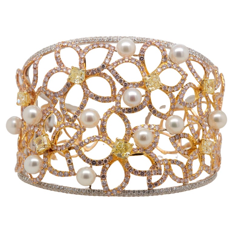 17.80 Carat Multicolor Diamond and Pearls Bangle Bracelet 18K Gold For ...
