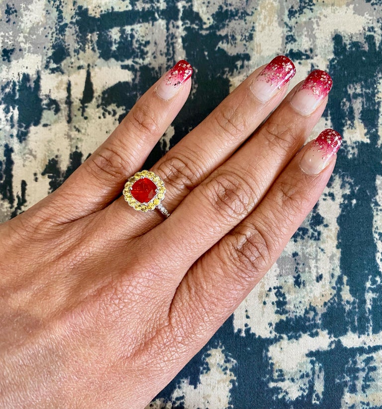 1.79 Carat Cushion Cut Fire Opal Diamond 14 Karat White Gold Ring For ...