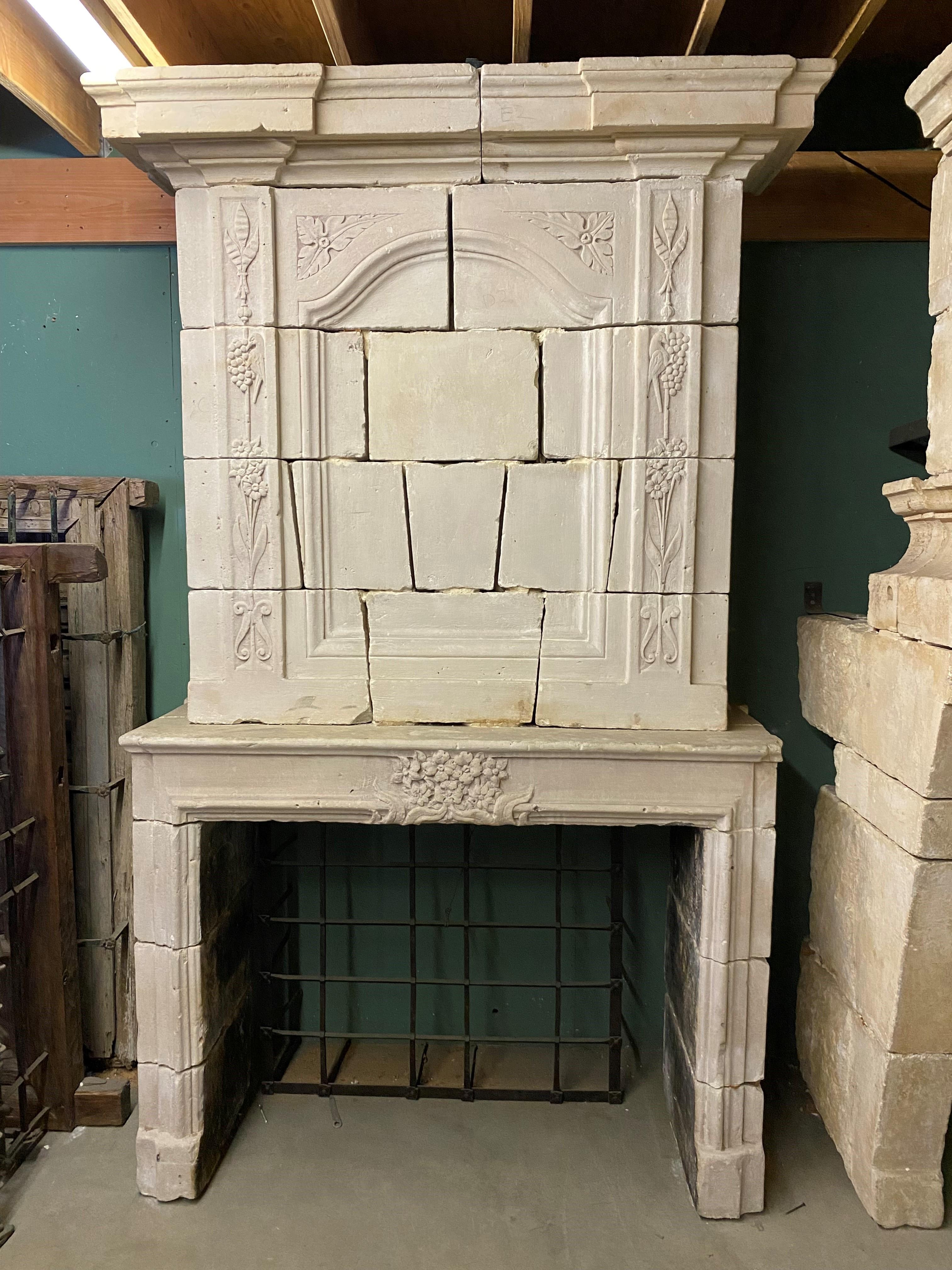 17th C Louis XIV Hand Carved Stone Chateau Fireplace Mantle surround ...