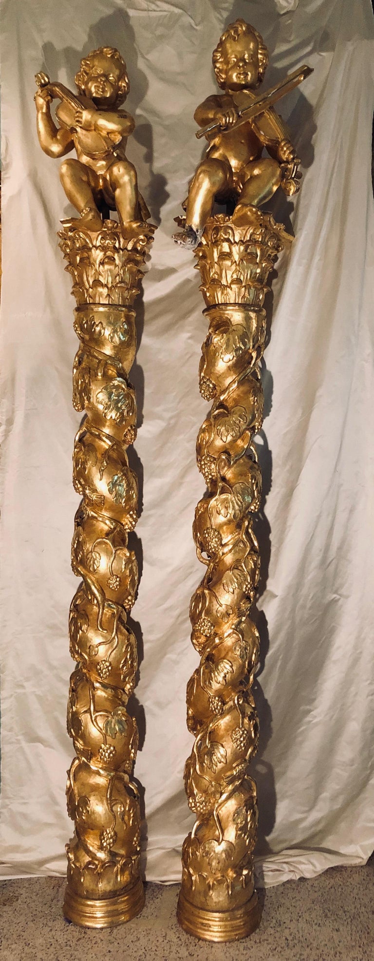 17th Century Antique Italian Baroque Solomonic Columns , Musical Puttis ...