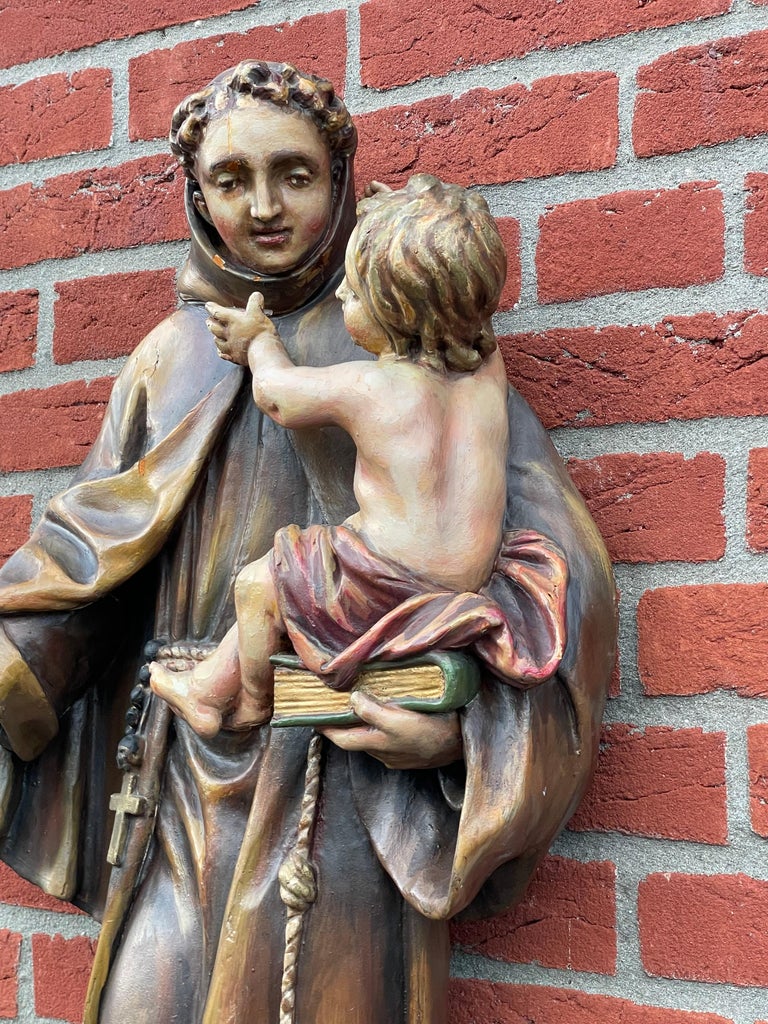 17th century Baroque Hand Carved Saint Anthony Sculpture w. Child and ...