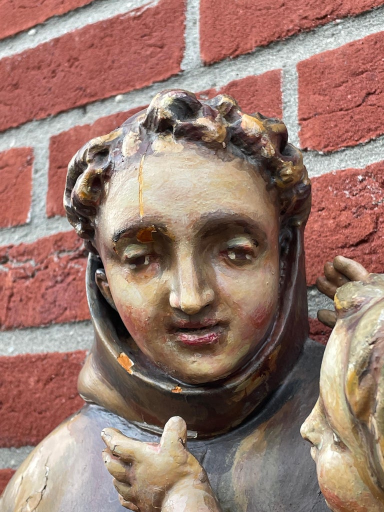 17th century Baroque Hand Carved Saint Anthony Sculpture w. Child and ...