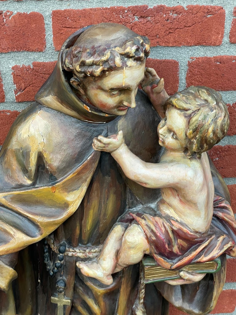 17th century Baroque Hand Carved Saint Anthony Sculpture w. Child and ...