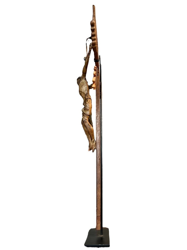 17th Century Carved Wood and Polychromed of Crucified Jesus on the Cross For Sale at 1stDibs