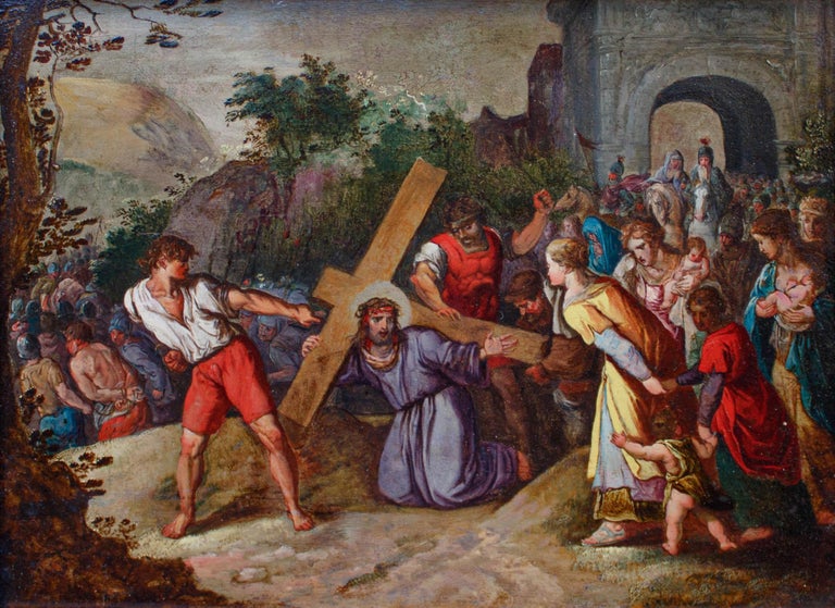 17th Century Christ rising to the Calvary Oil on copper Flemish school ...