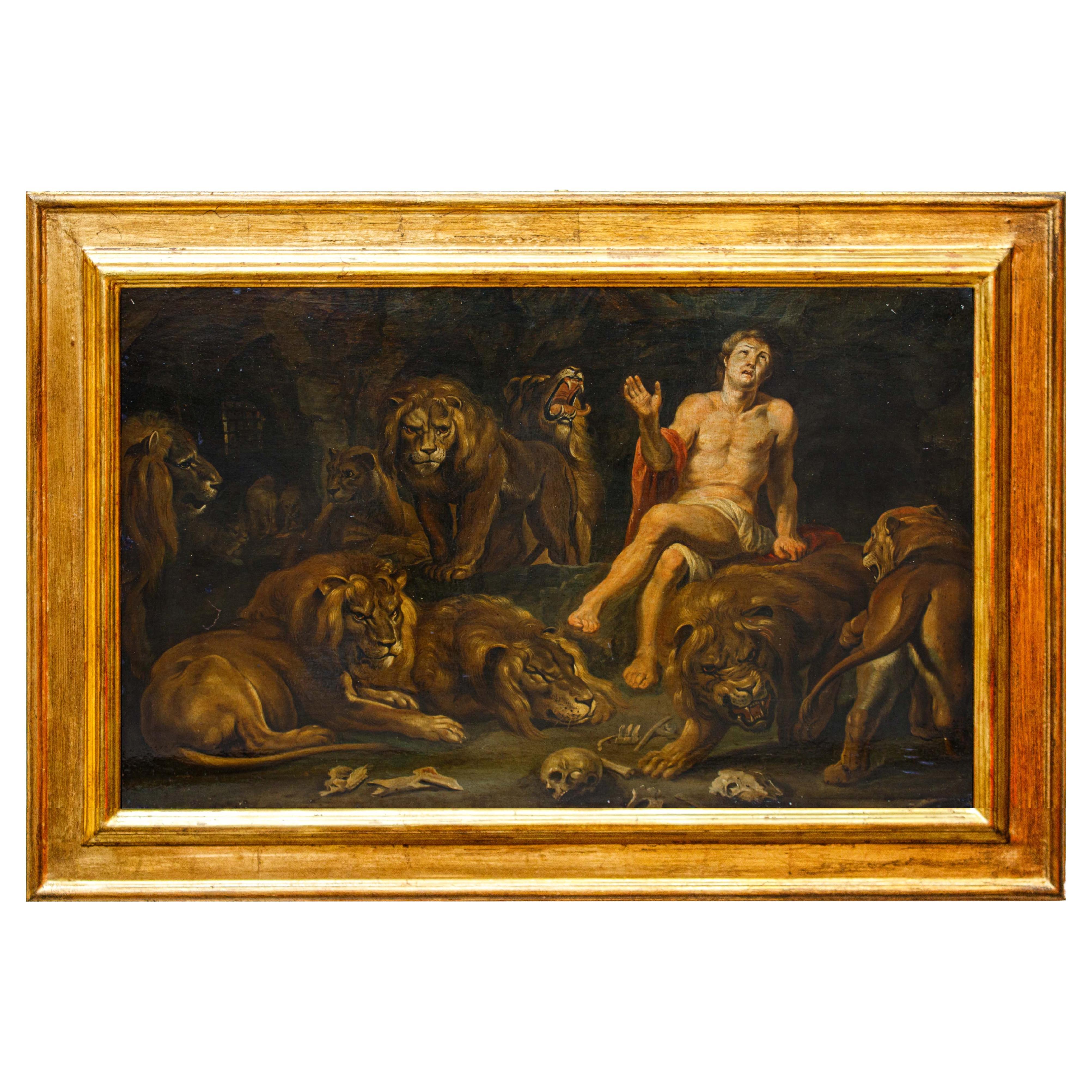 17th Century Daniel in the Lions' Den Painting Oil on Panel Rubensian ...
