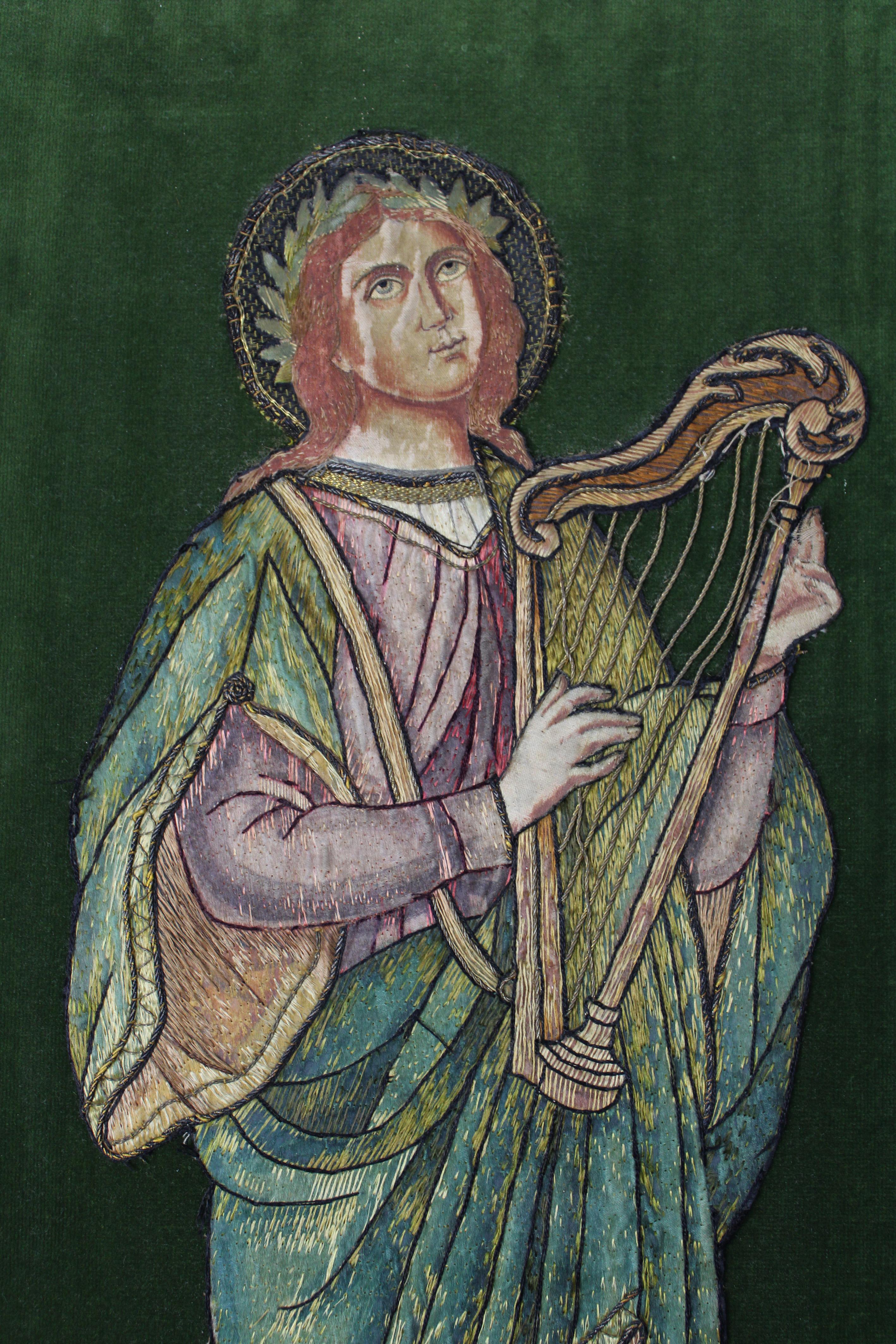 17th Century Embroidered King David With Harp Silk Tread Green Velvet ...