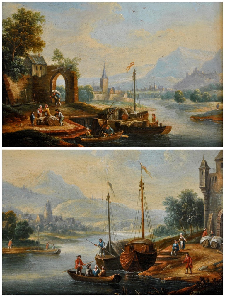 17th Century Flemish School - Figures in a River Landscape - Pair of 17th Century Flemish Old ...