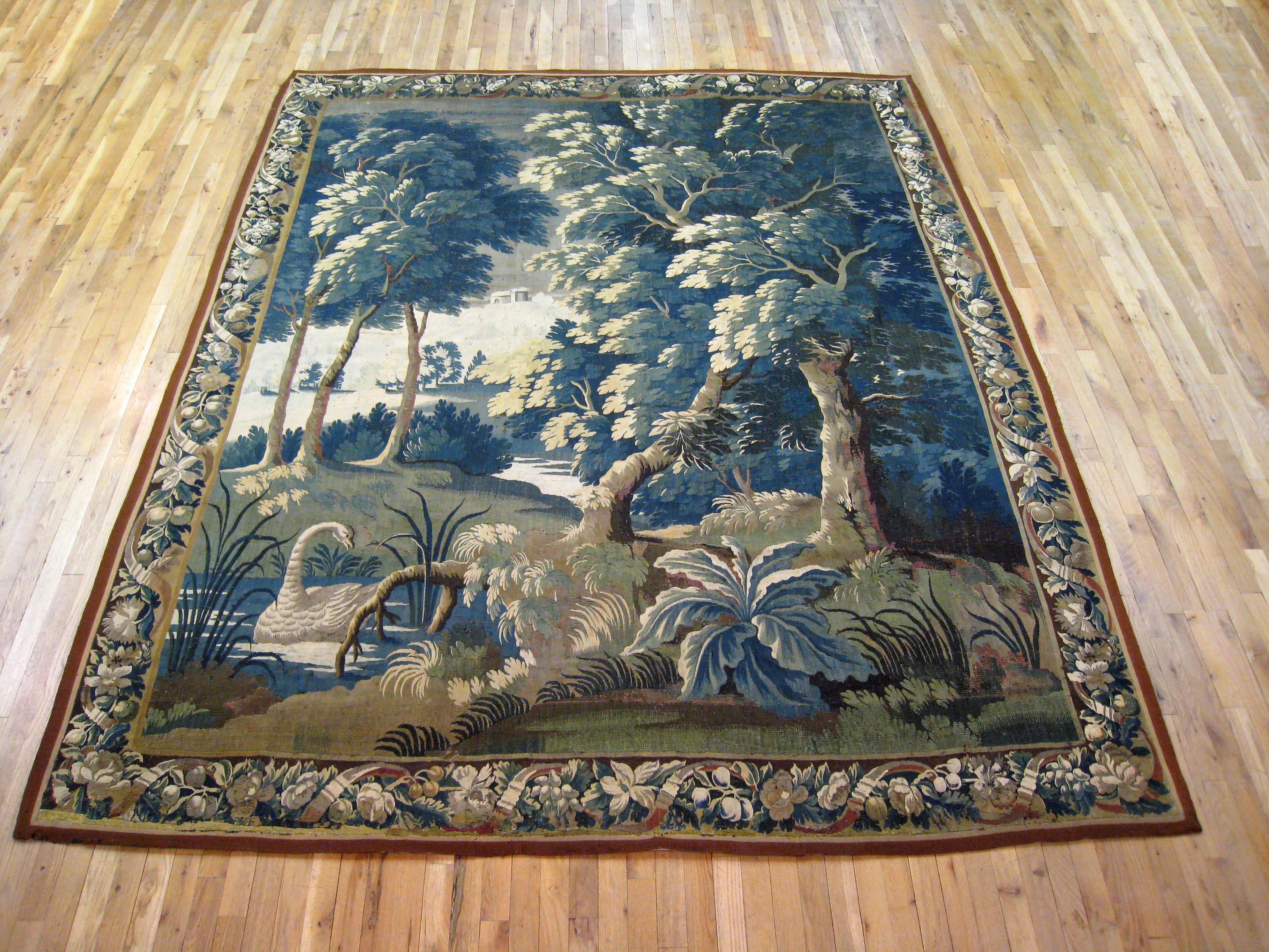 17th Century Franco-Flemish Verdure Tapestry, with a Swan in a Stream ...