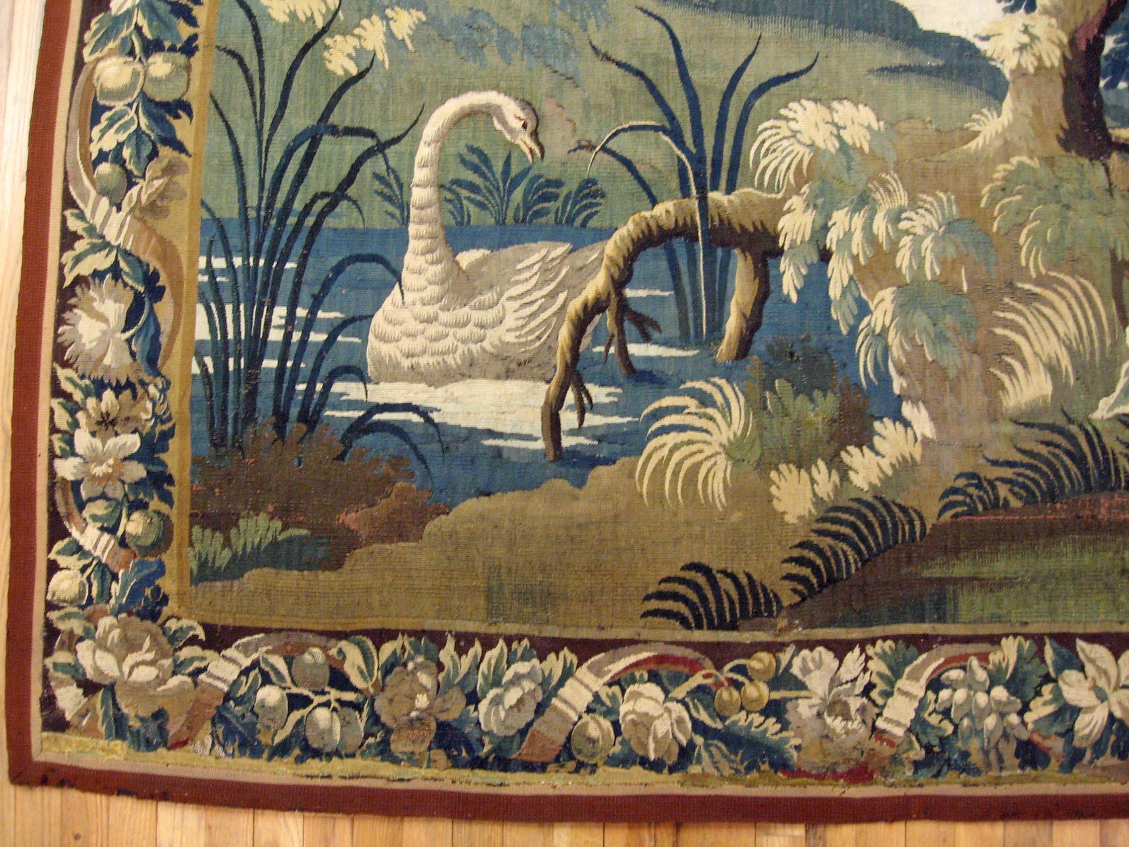 17th Century Franco-Flemish Verdure Tapestry, with a Swan in a Stream ...