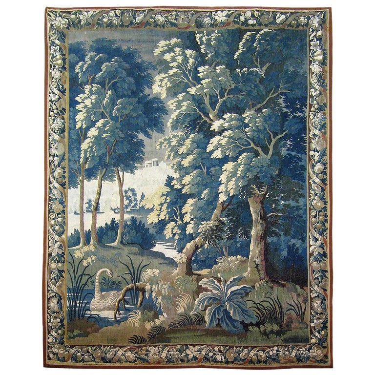 17th Century Franco-Flemish Verdure Tapestry, with a Swan in a Stream ...