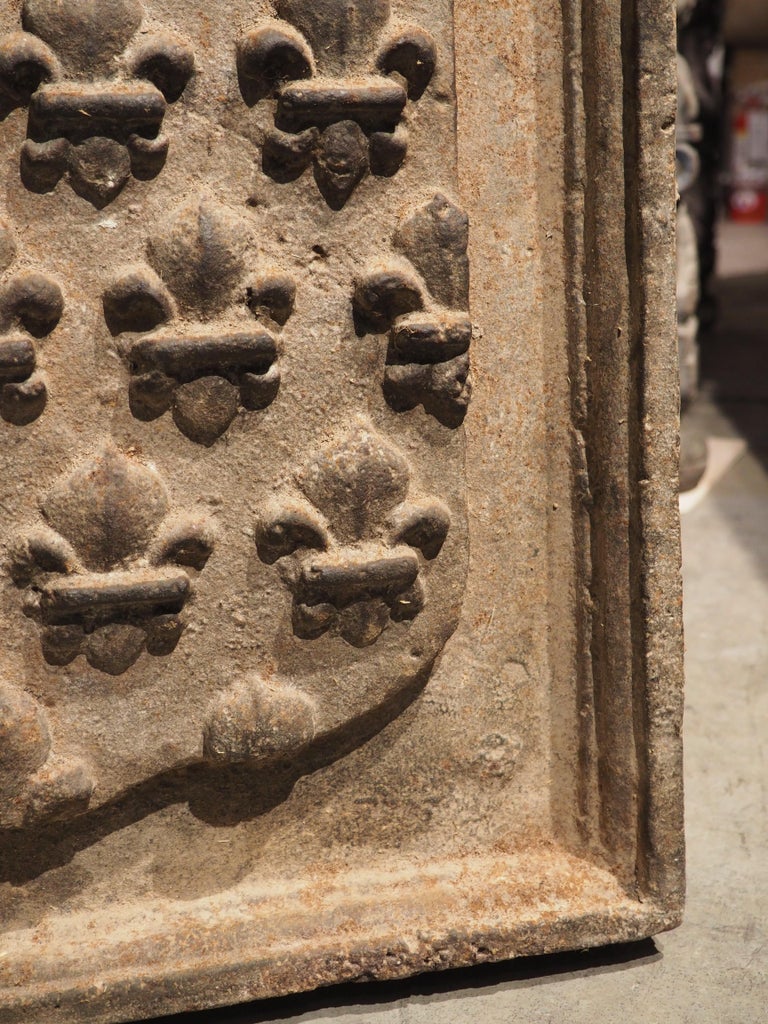 17th Century French Semis De Fleur De Lys Cast Iron Fireback, Mitre and Crozier For Sale at 1stDibs