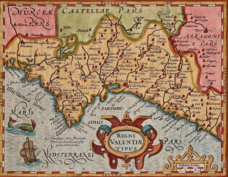 17th Century Hand-Colored Map of Valencia and Murcia, Spain by Mercator ...
