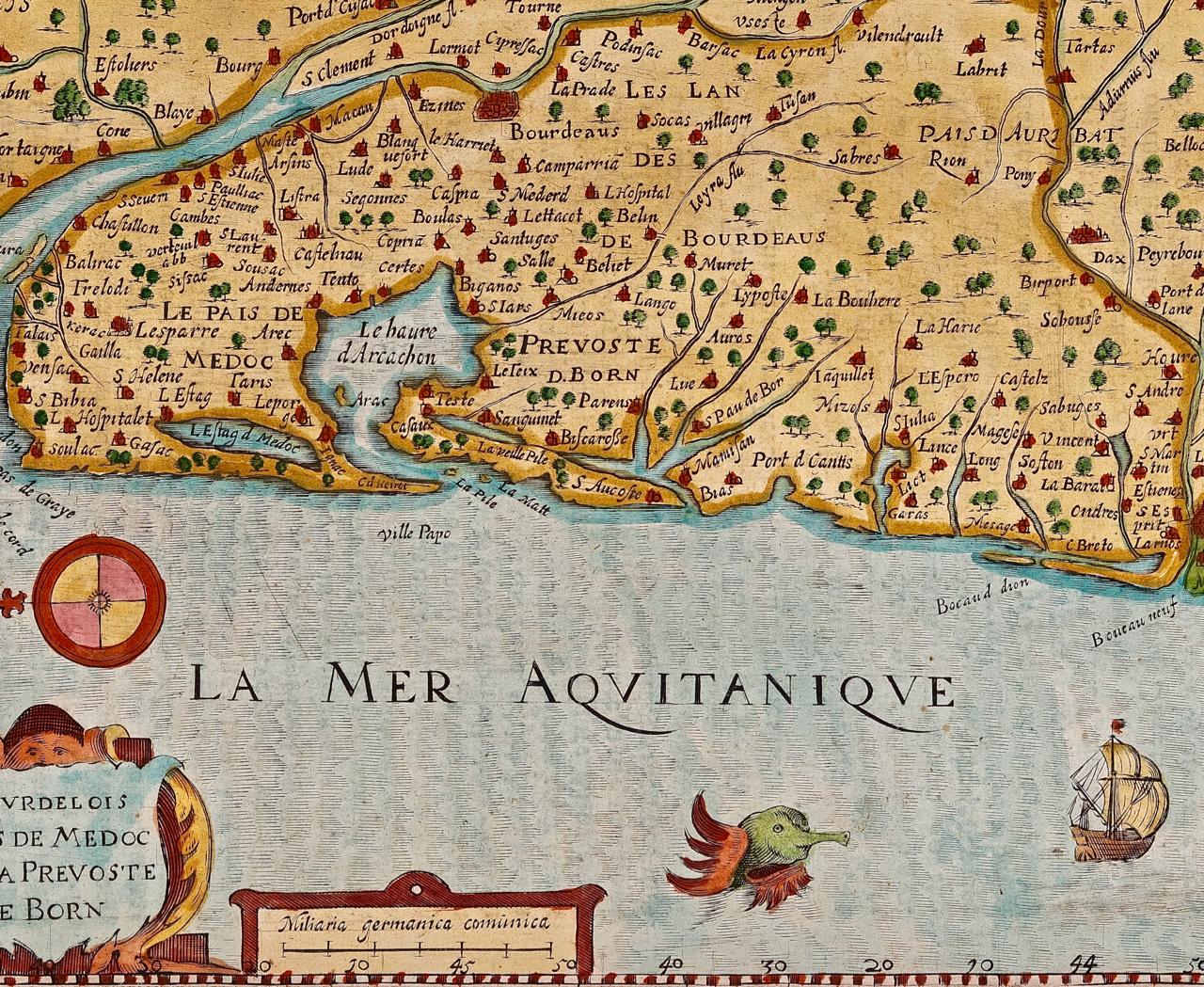 17th Century Hand-Colored Map of Bordeaux Region of France by Mercator ...