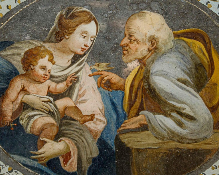 17th Century Holy Family with Bird Oil on Glass Follower of Simon Vouet For Sale at 1stDibs
