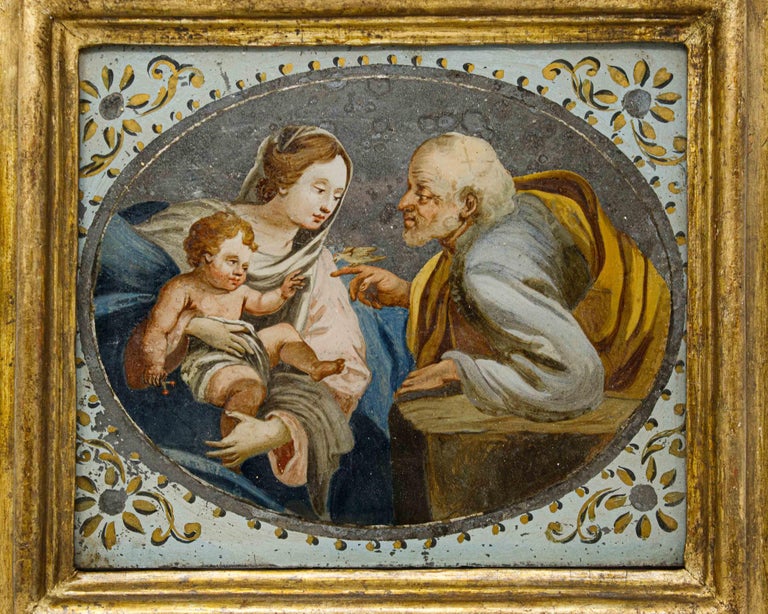 17th Century Holy Family with Bird Oil on Glass Follower of Simon Vouet For Sale at 1stDibs