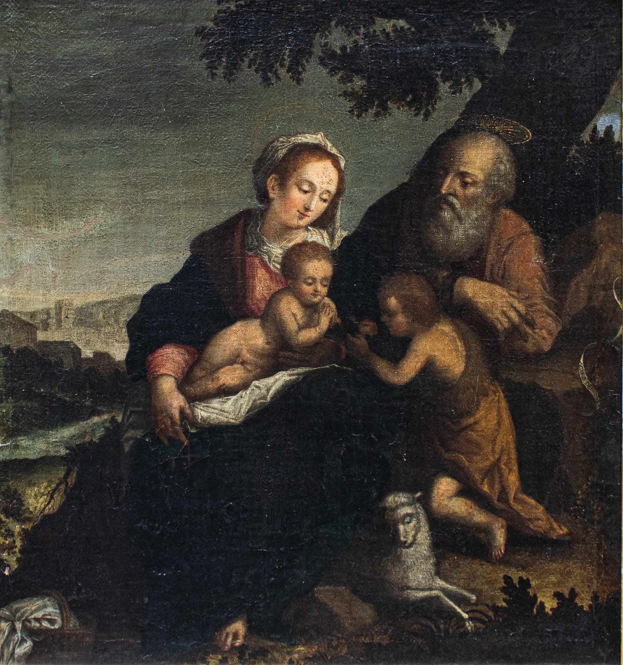 17th Century Holy Family with San Giovannino Painting Oli on canvas For Sale at 1stDibs