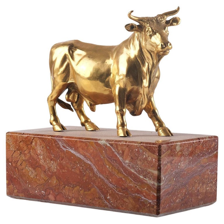 17th Century Italian Gilded Standing Bull Bronze Sculpture on a Marble ...
