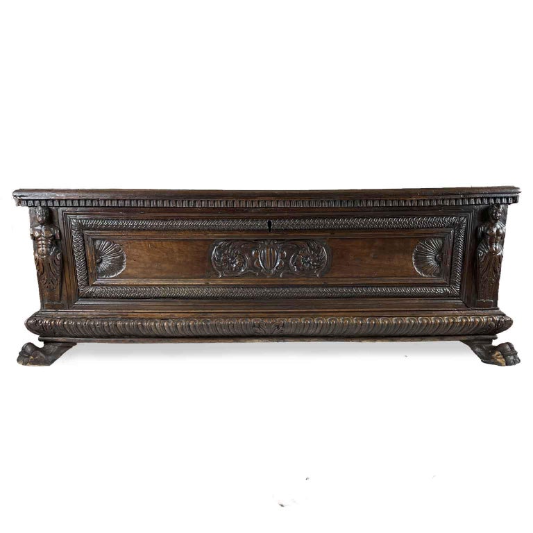 17th Century, Italian Walnut Chest Arms and Caryatids Carving ...