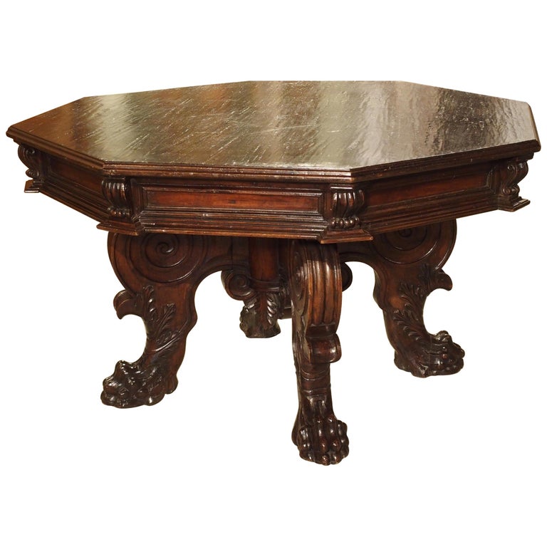 17th Century Italian Walnut Wood Octagonal Center Table with Large Paw ...