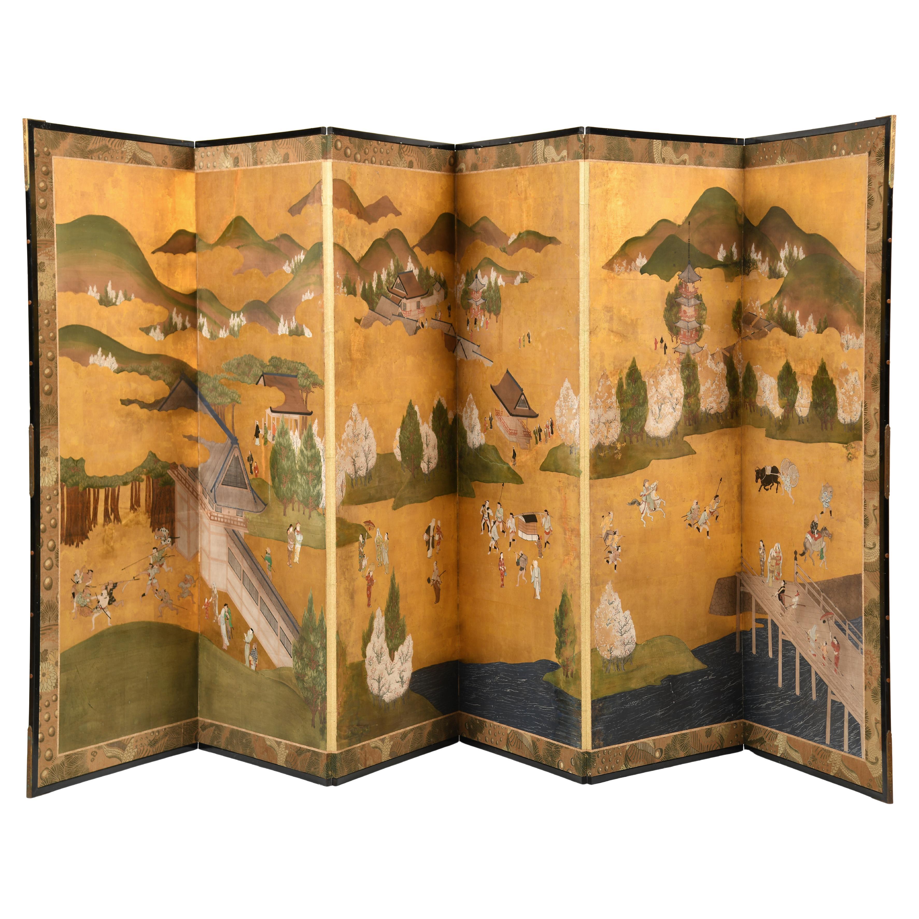 Paravent - A pair of four-fold screens with Japanese chestnut - Edo ...