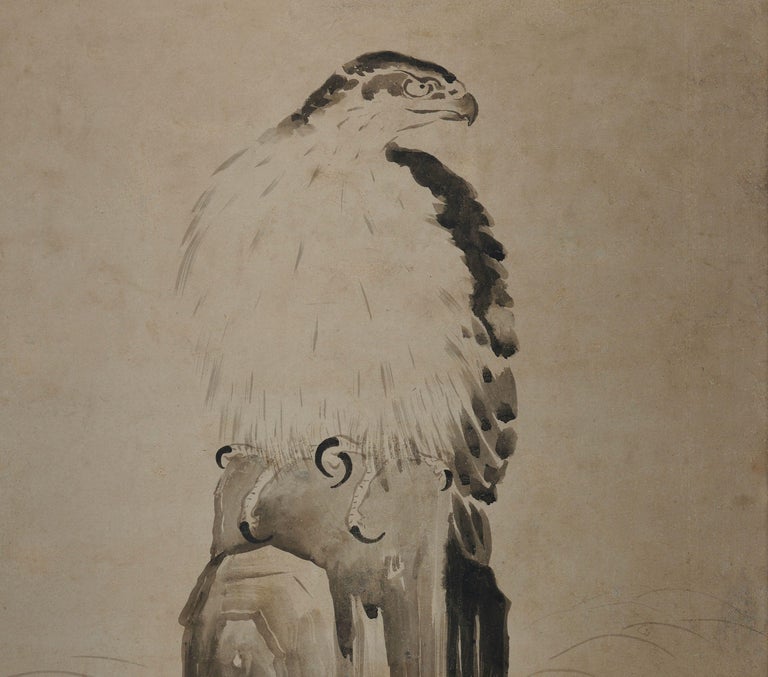 17th Century Japanese Framed Painting by Kano Sansetsu, Hawk and Waves ...
