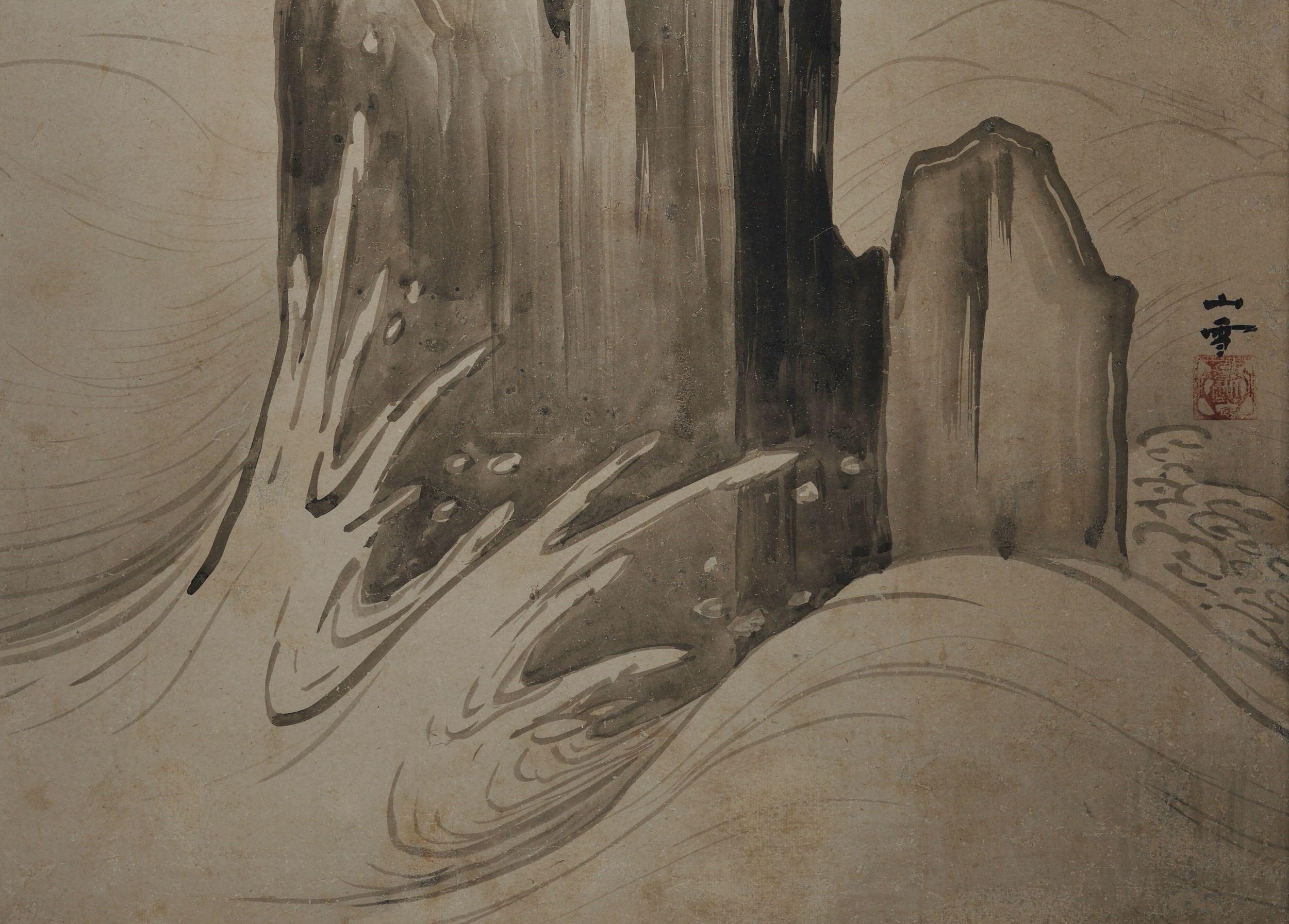 17th Century Japanese Framed Painting by Kano Sansetsu, Hawk and Waves For Sale at 1stDibs