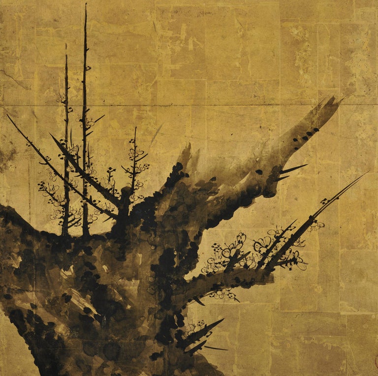 17th Century Japanese Screen, Ink Plum Blossoms by Priest Hozobo Kojo ...